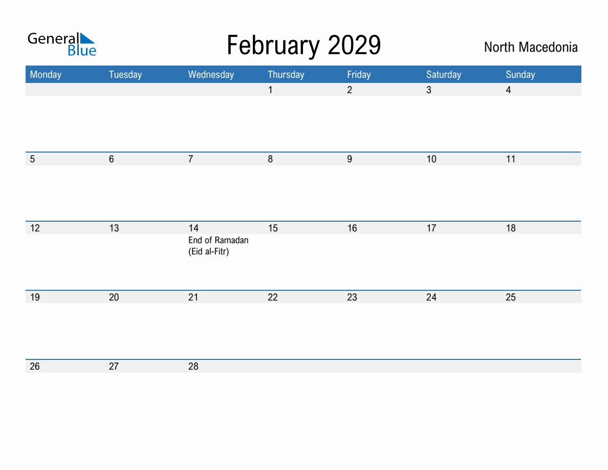 Editable February 2029 Calendar with North Macedonia Holidays (Monday ...