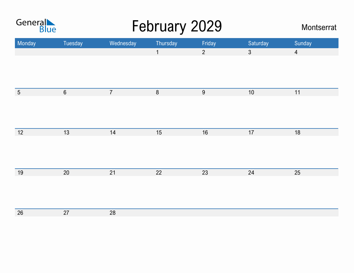 Editable February 2029 Calendar with Montserrat Holidays (Monday Start)
