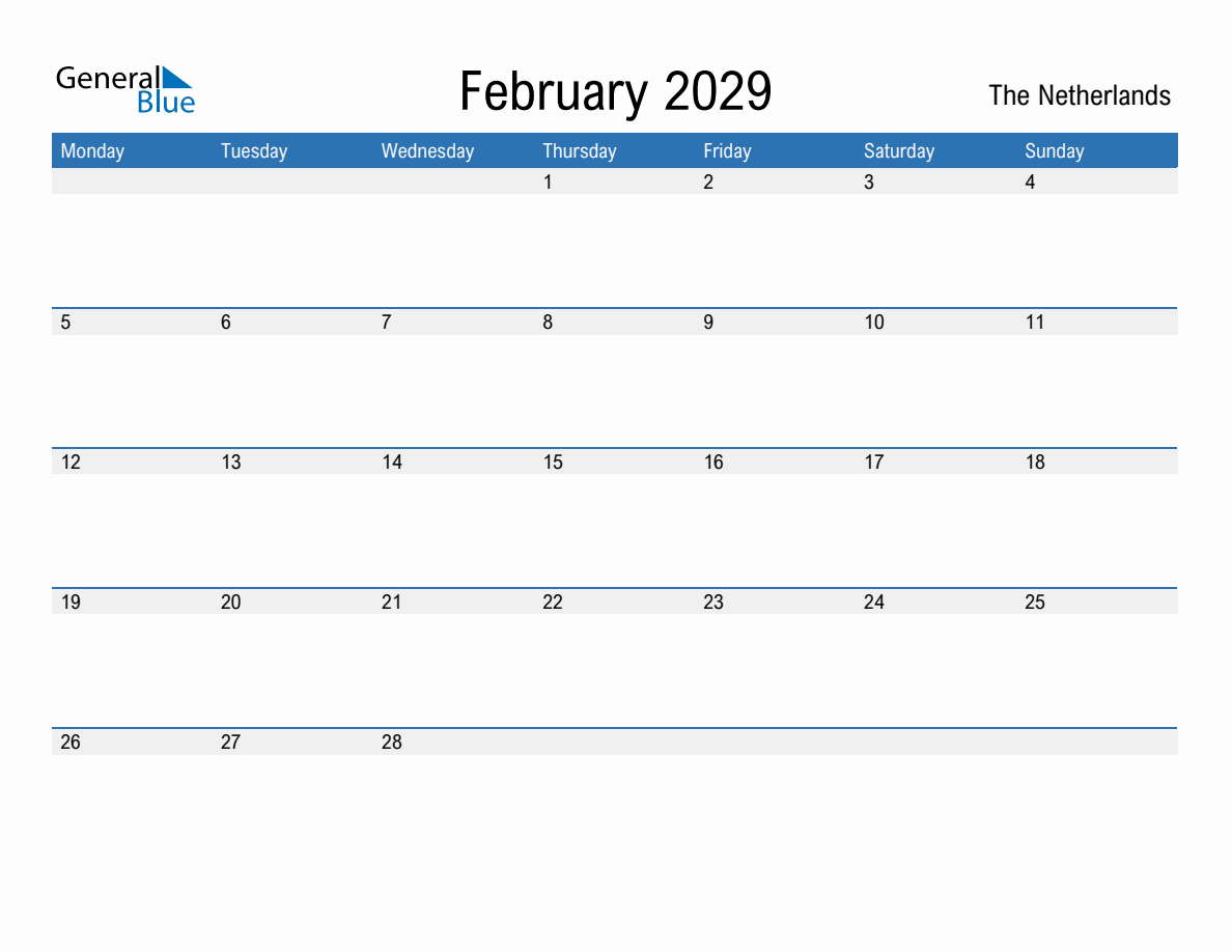 Editable February 2029 Calendar with The Netherlands Holidays (Monday ...