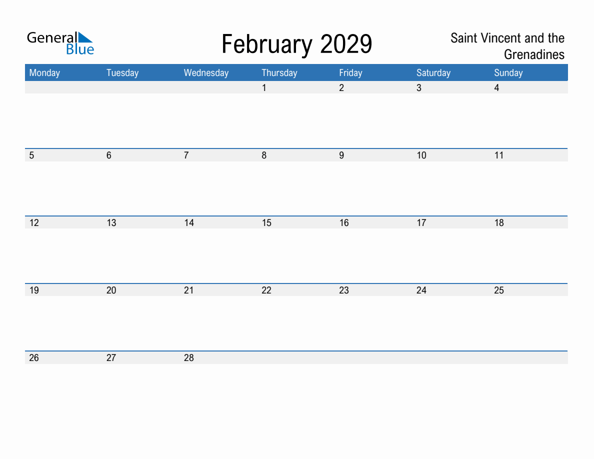Editable February 2029 Calendar with Saint Vincent and the Grenadines ...