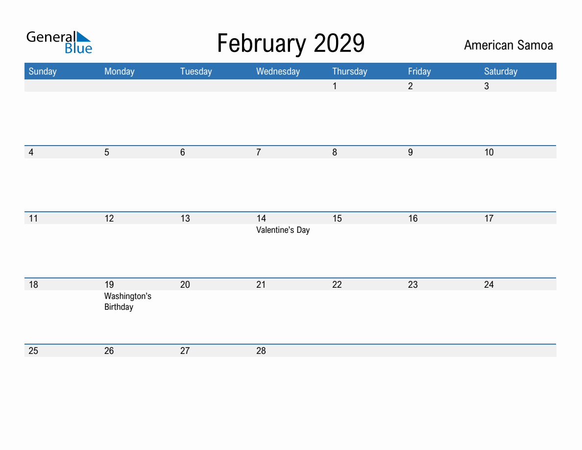 Editable February 2029 Calendar with American Samoa Holidays