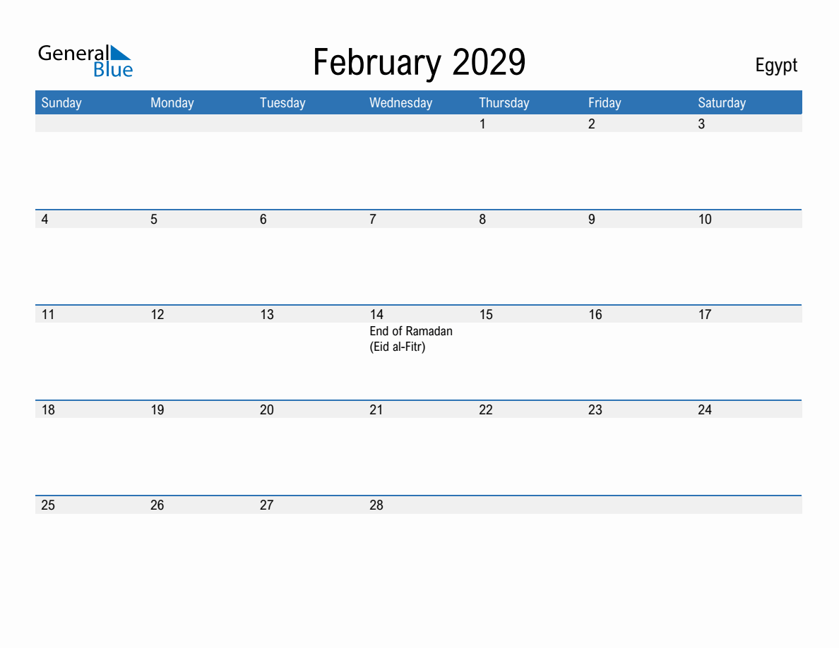 Editable February 2029 Calendar with Egypt Holidays