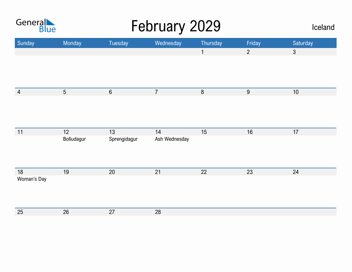 February 2029 Monthly Calendars with Iceland Holidays
