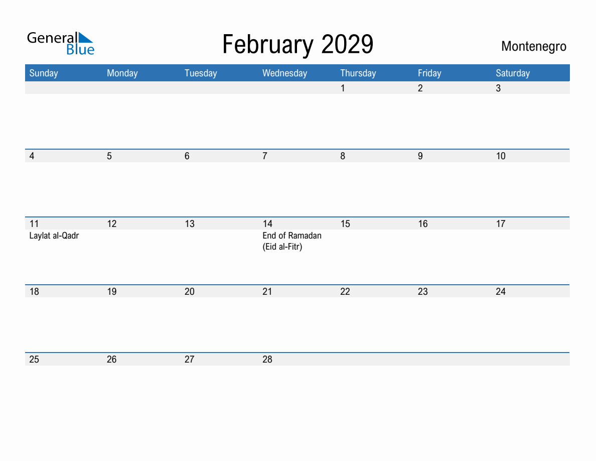 February 2029 Monthly Calendars with Montenegro Holidays