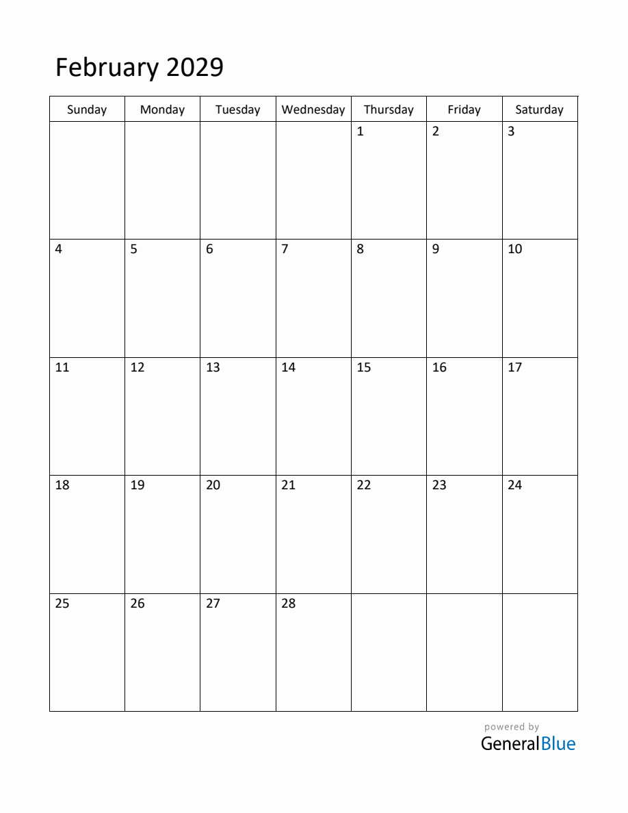 Editable February 2029 Monthly Calendar