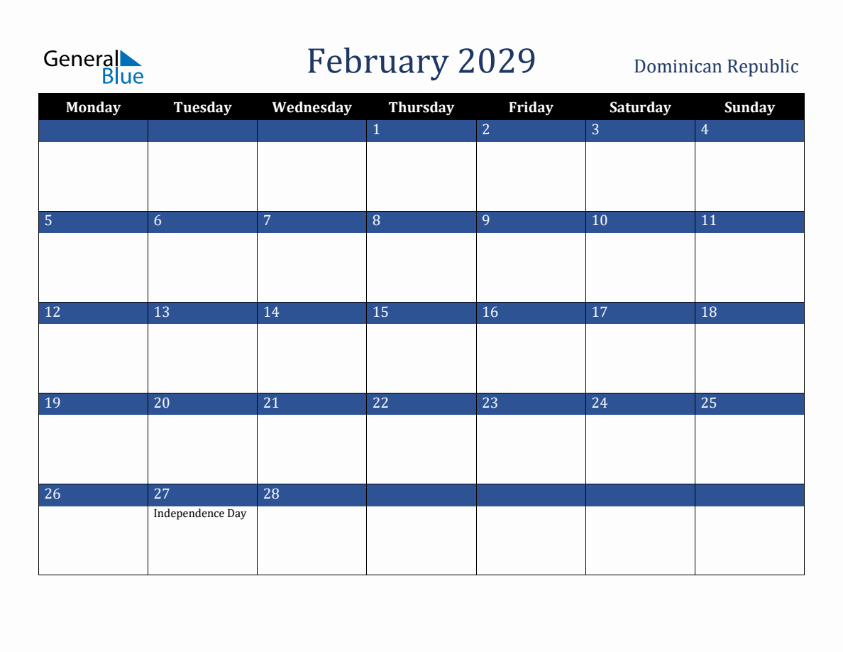 February 2029 Dominican Republic Holiday Calendar
