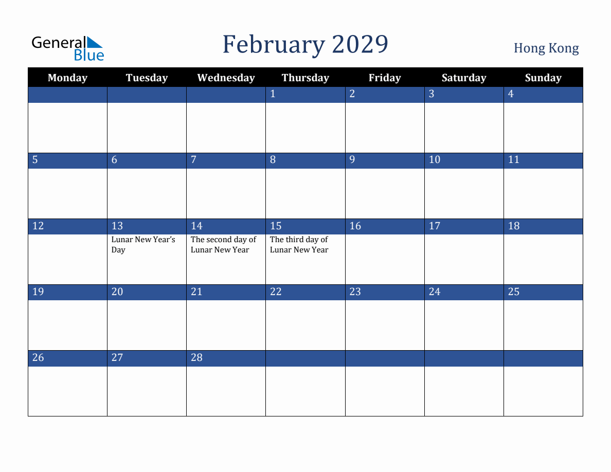 February 2029 Hong Kong Holiday Calendar (Monday Start)