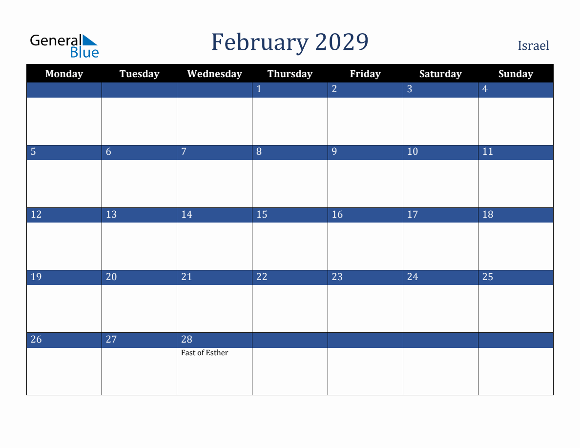February 2029 Israel Holiday Calendar (Monday Start)