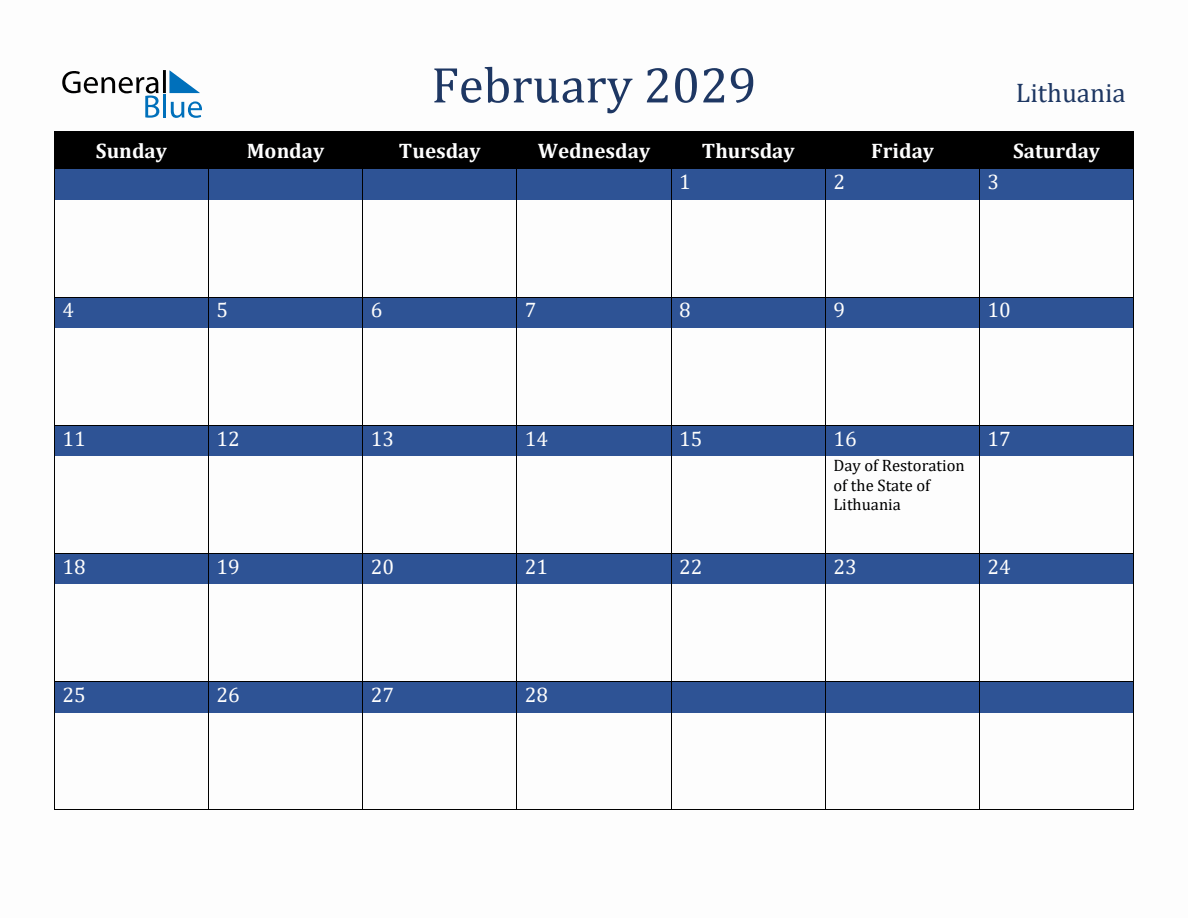 February 2029 Lithuania Holiday Calendar