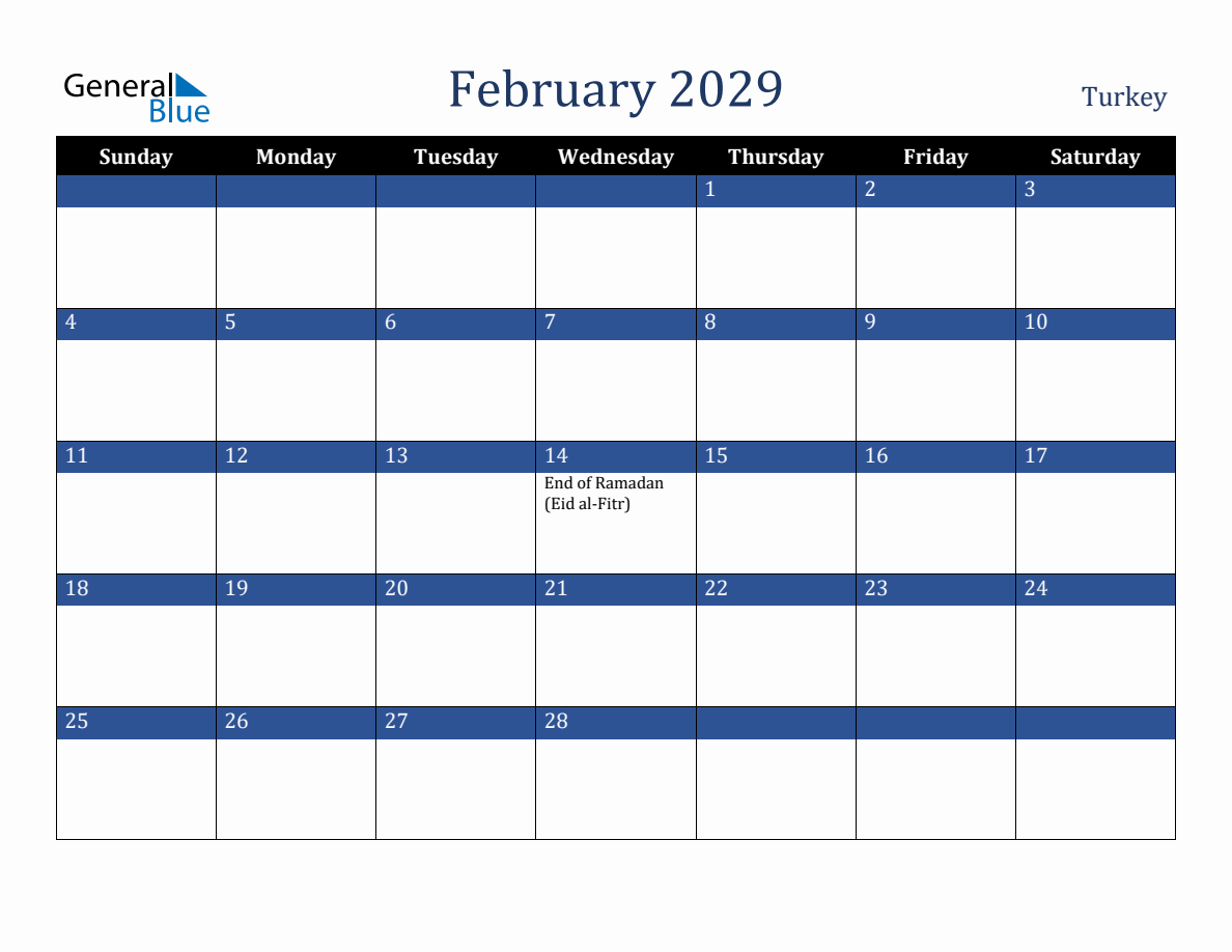February 2029 Turkey Holiday Calendar