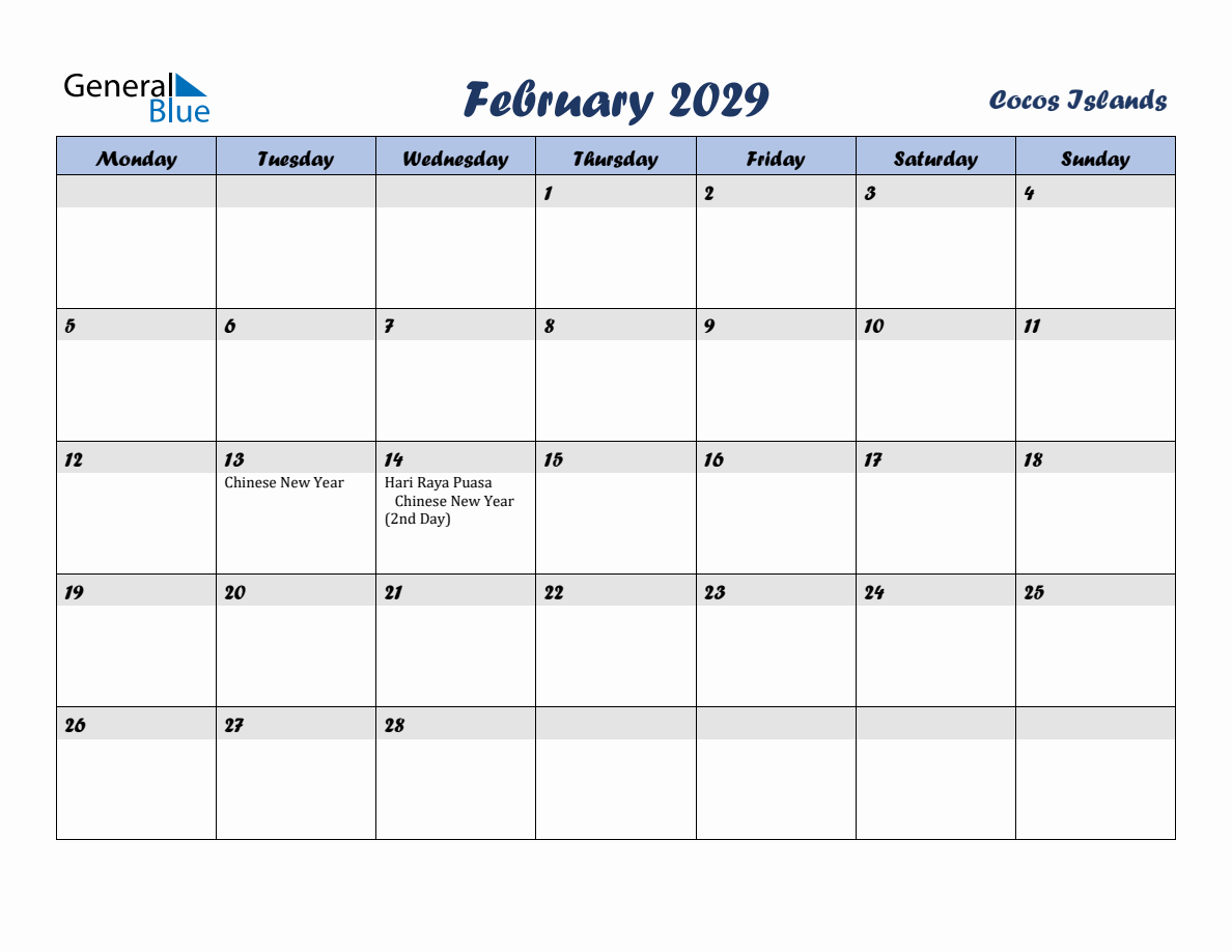 February 2029 Monthly Calendar Template with Holidays for Cocos Islands ...