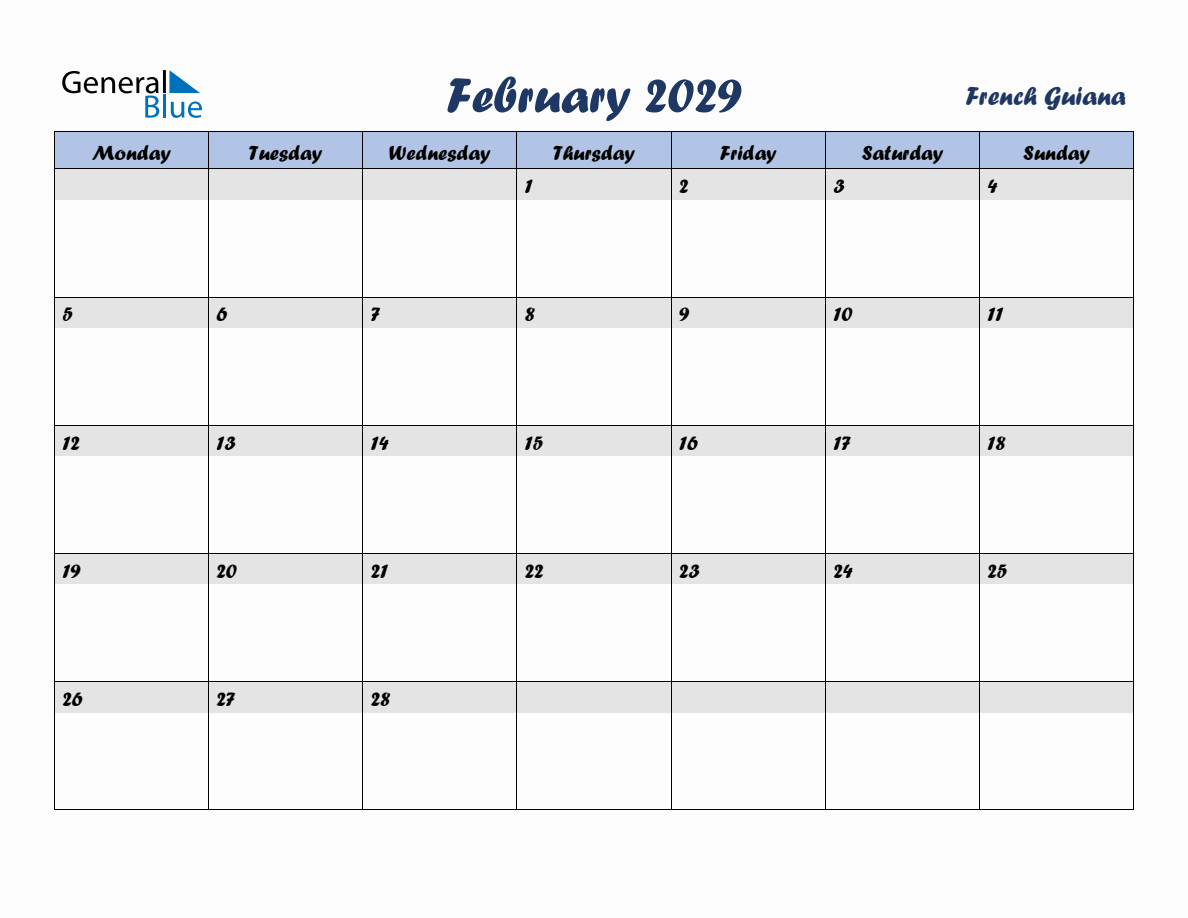 February 2029 Monthly Calendar Template with Holidays for French Guiana