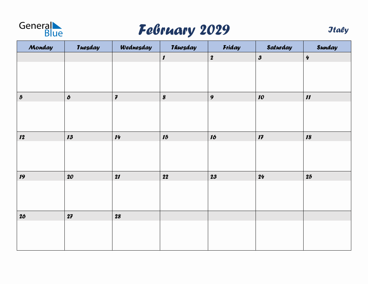 February 2029 Monthly Calendar Template with Holidays for Italy