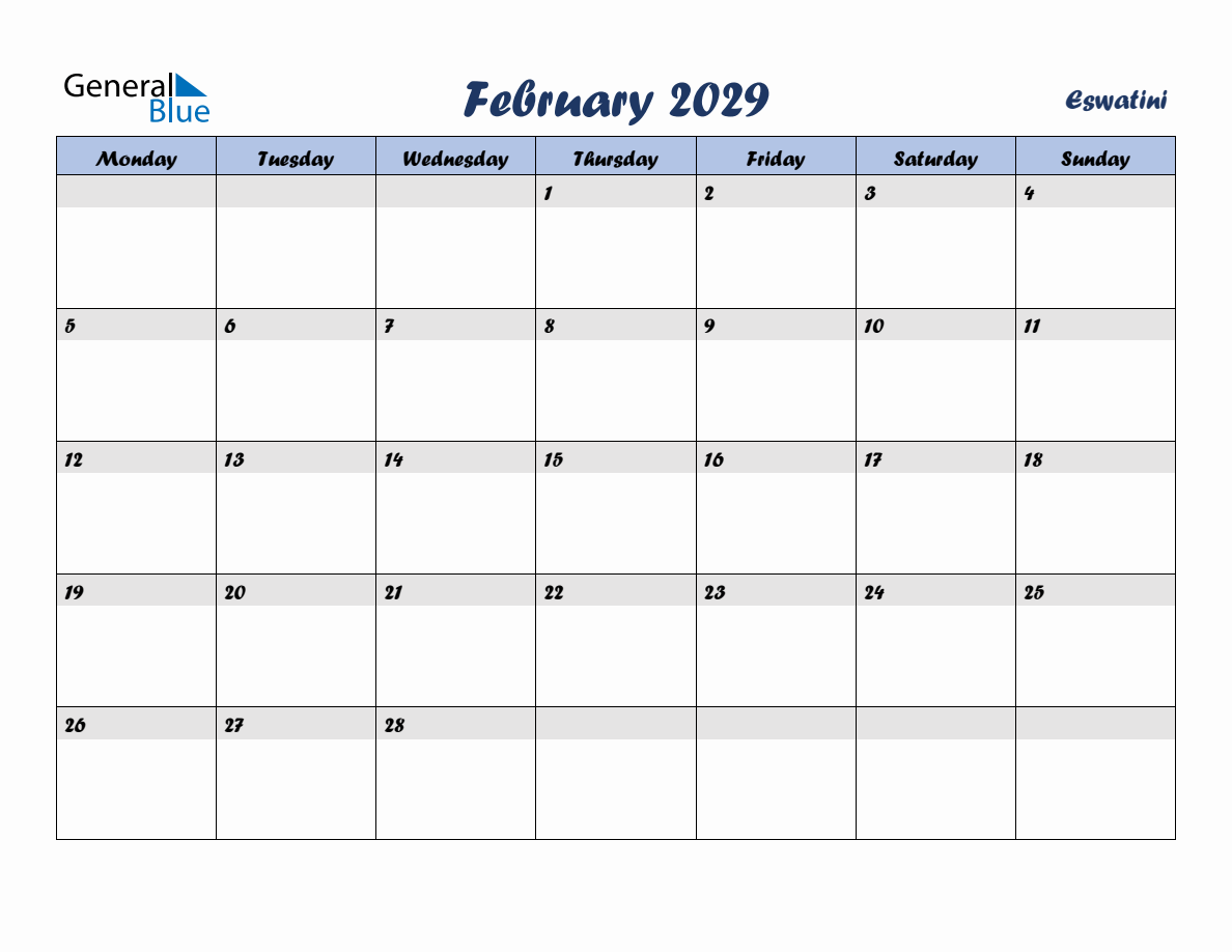 February 2029 Monthly Calendar Template with Holidays for Eswatini ...