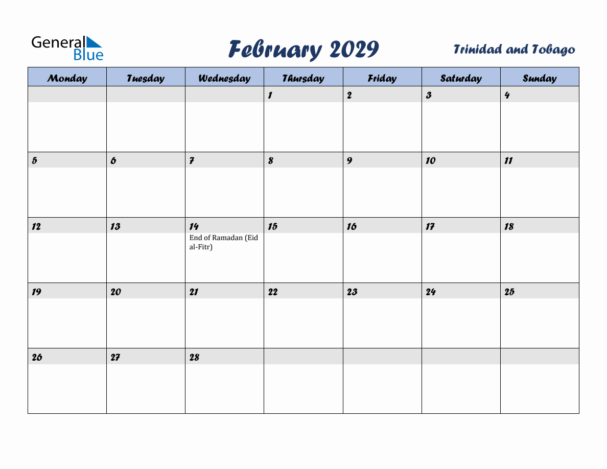 February 2029 Monthly Calendar Template with Holidays for Trinidad and ...
