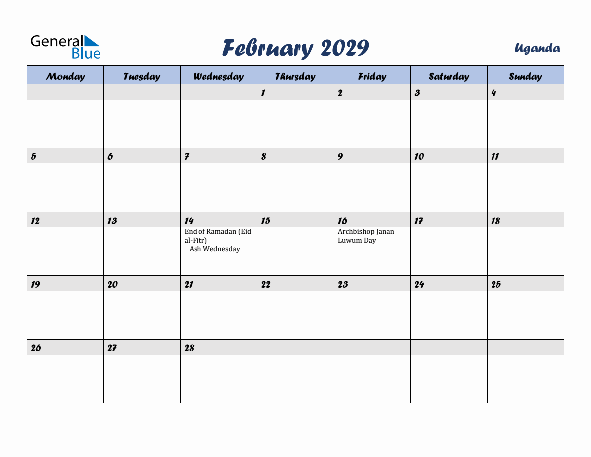 February 2029 Monthly Calendar Template with Holidays for Uganda