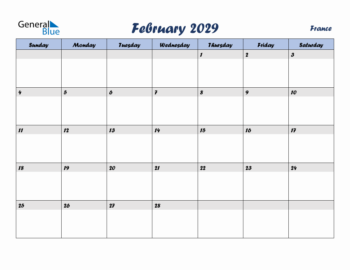 February 2029 Monthly Calendar Template with Holidays for France