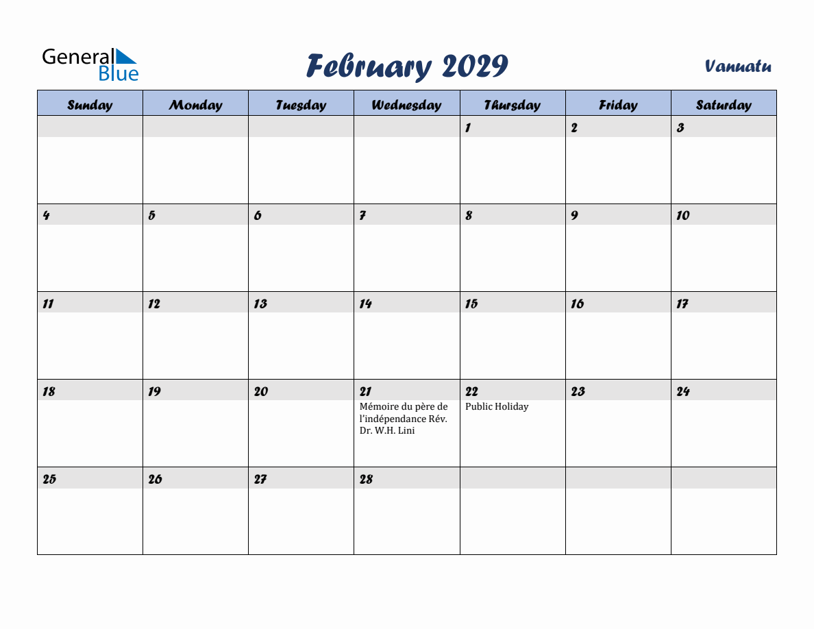 February 2029 Monthly Calendar Template with Holidays for Vanuatu