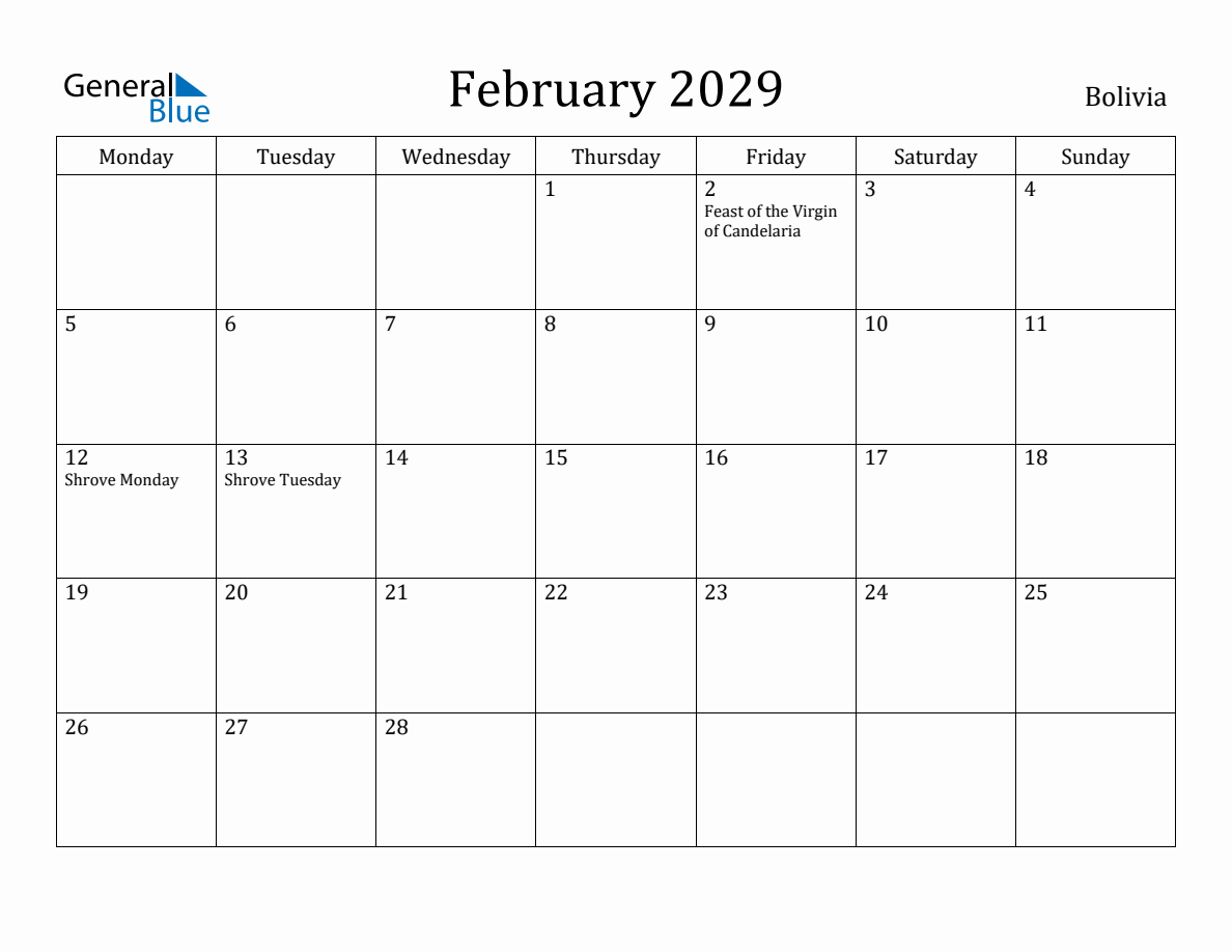 Bolivia Monthly Calendar - February 2029 (Monday Start)