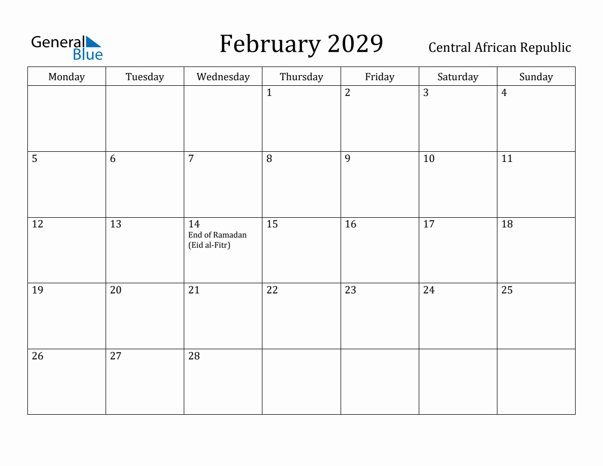 Central African Republic Monthly Calendar - February 2029 (Monday Start)