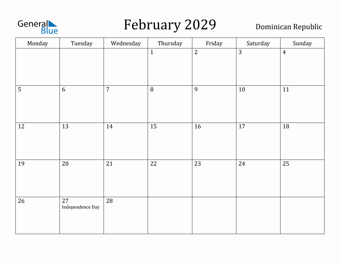 Dominican Republic Monthly Calendar - February 2029 (Monday Start)