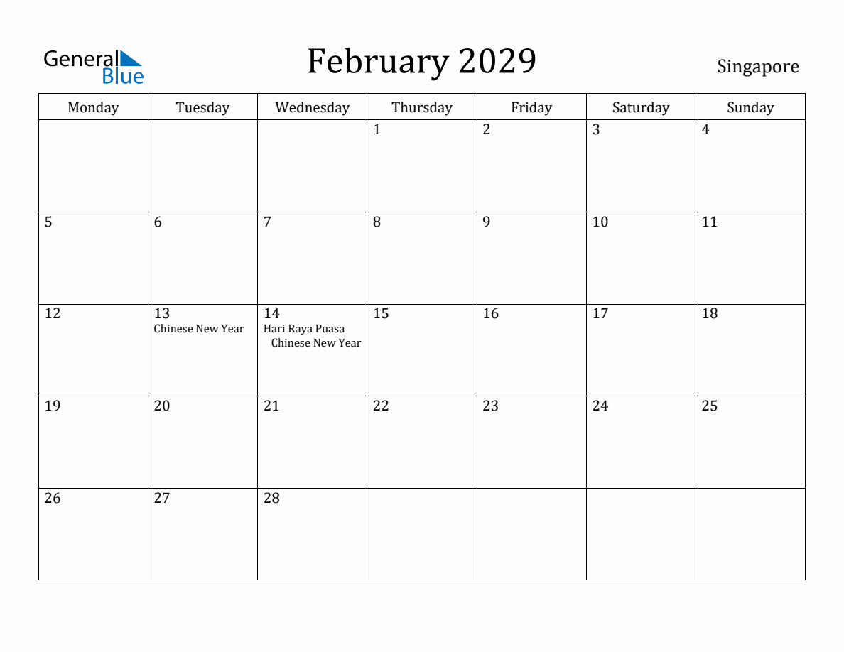 February 2029 Monthly Calendar with Singapore Holidays