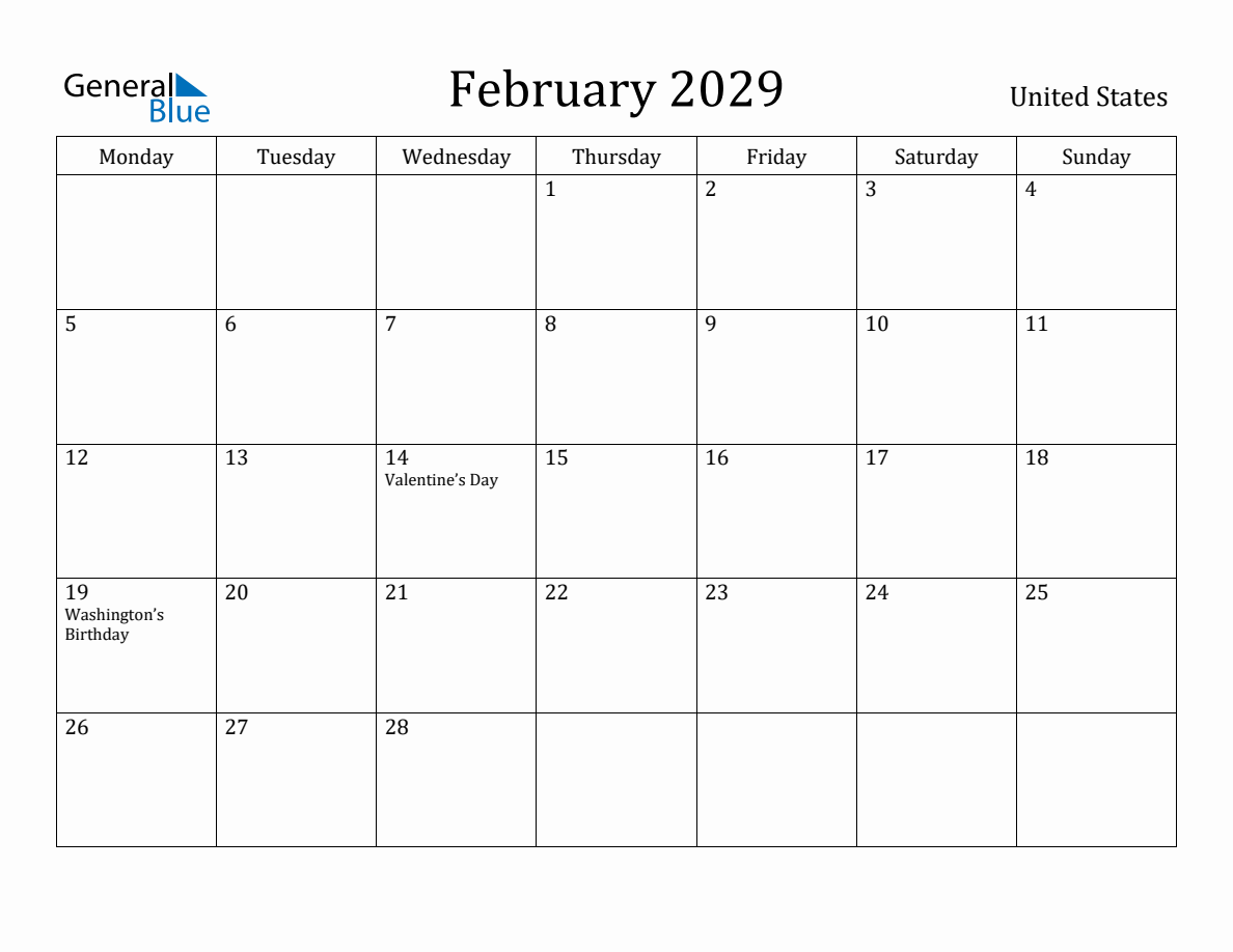 February 2029 - United States Monthly Calendar with Holidays