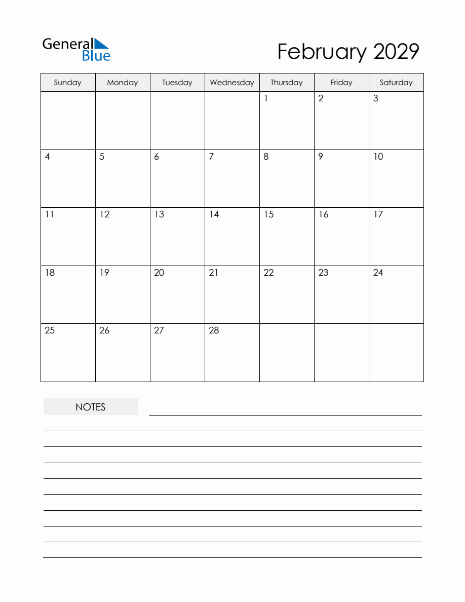 February 2029 Monthly Planner Calendar