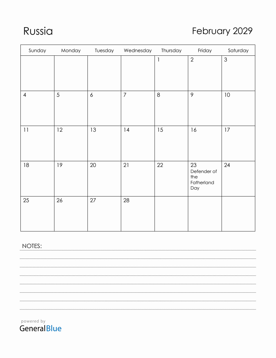February 2029 Russia Calendar with Holidays