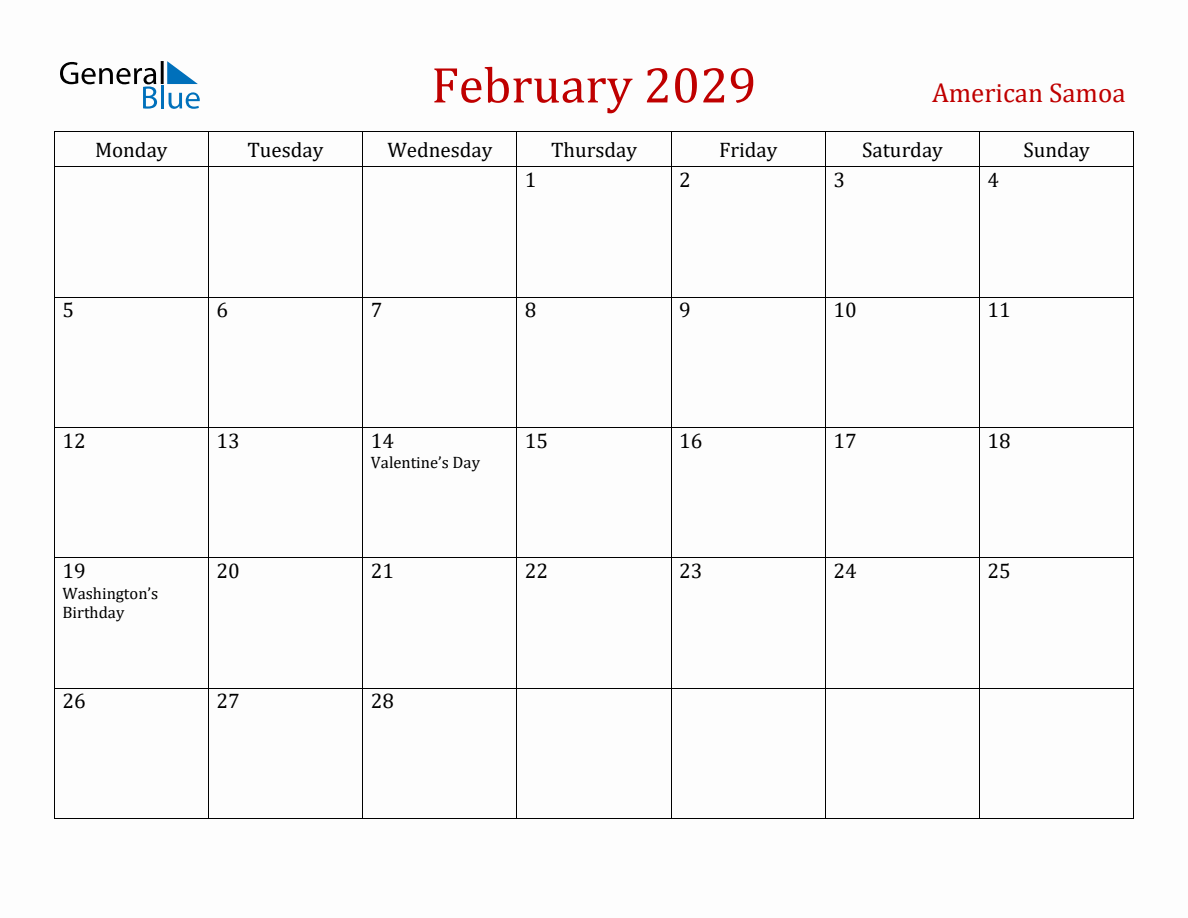 February 2029 American Samoa Monthly Calendar with Holidays (Monday Start)