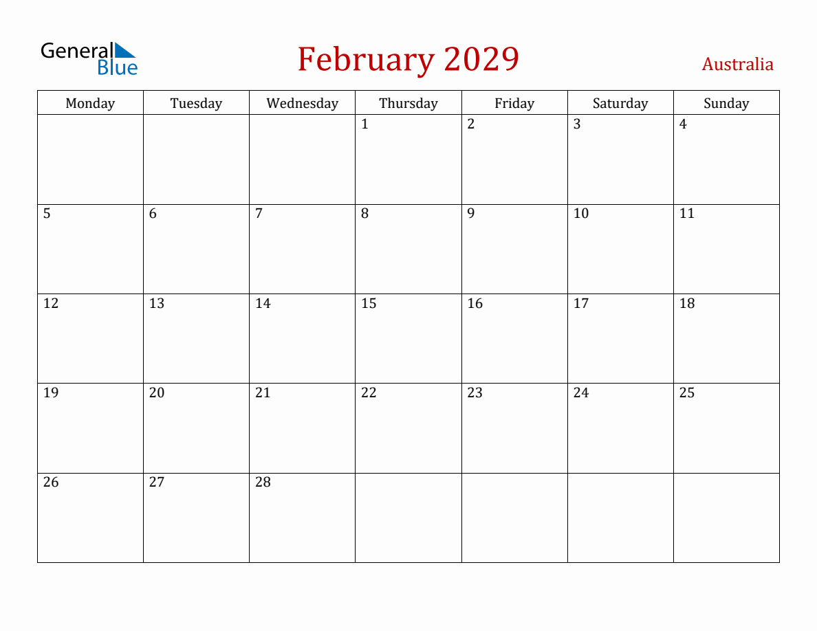 February 2029 Australia Monthly Calendar with Holidays