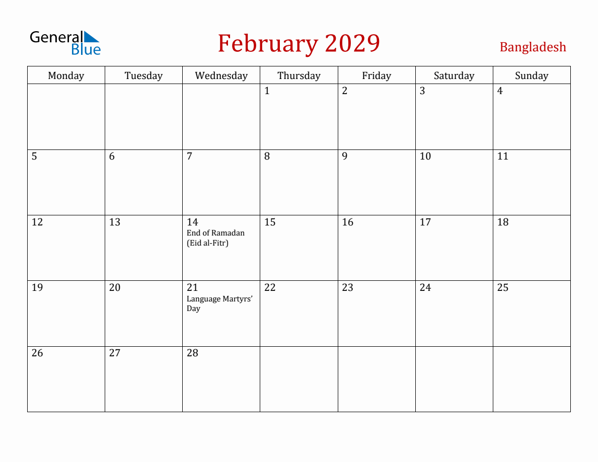 February 2029 Bangladesh Monthly Calendar with Holidays (Monday Start)