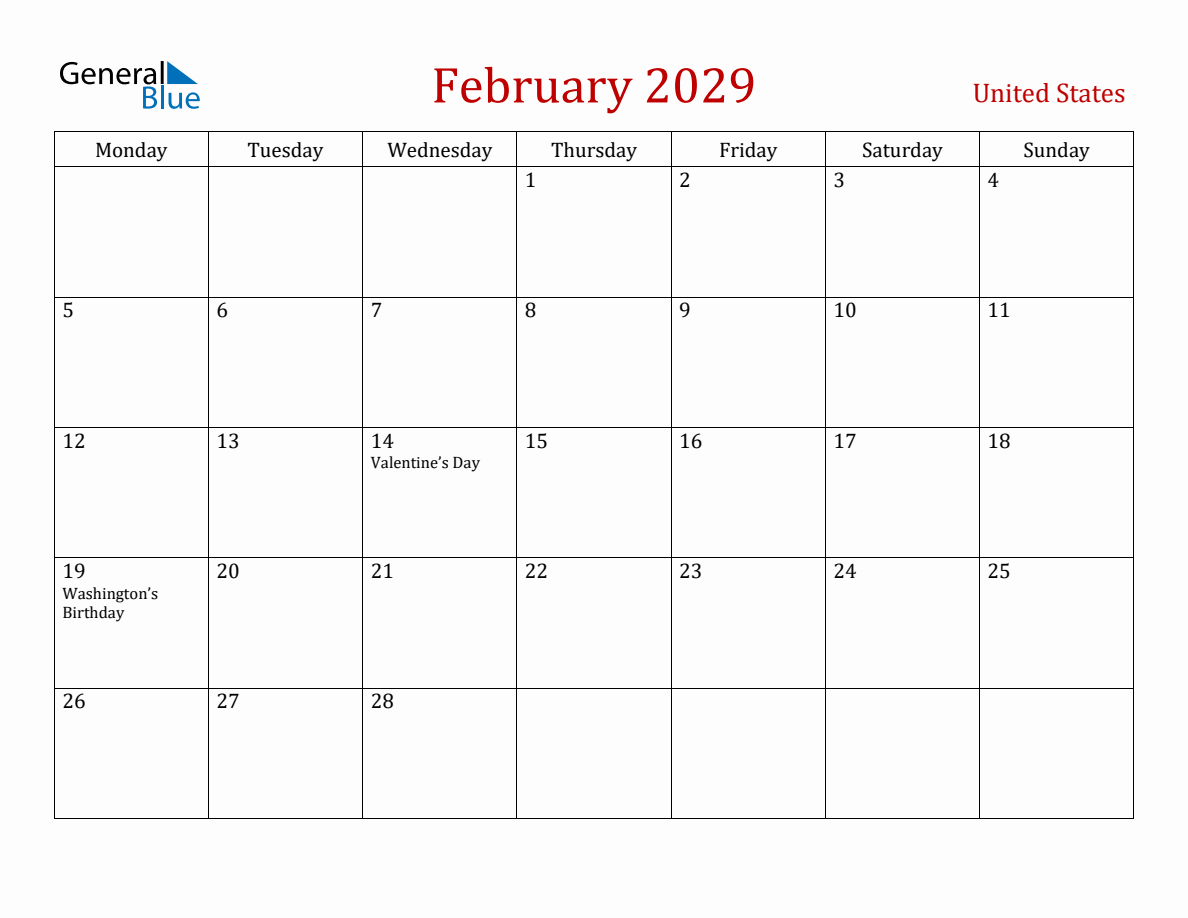 February 2029 United States Monthly Calendar with Holidays (Monday Start)