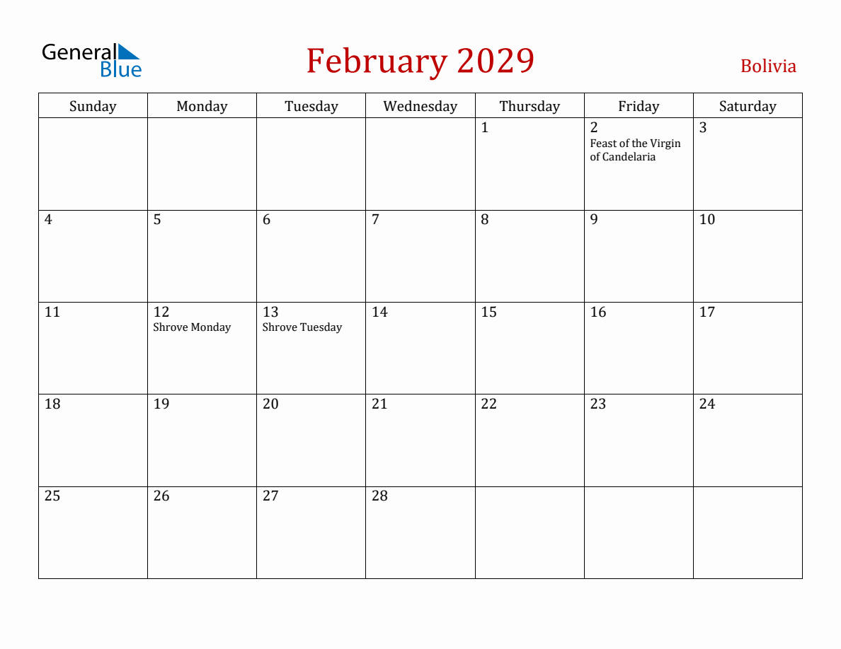 February 2029 Bolivia Monthly Calendar with Holidays