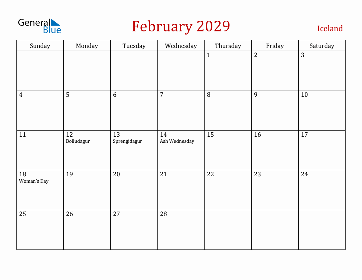 February 2029 Iceland Monthly Calendar with Holidays