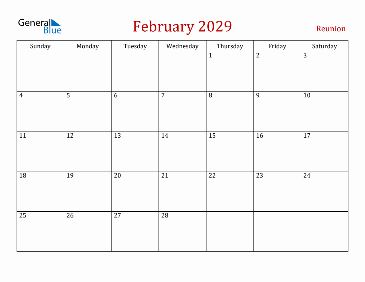 February 2029 Reunion Monthly Calendar with Holidays