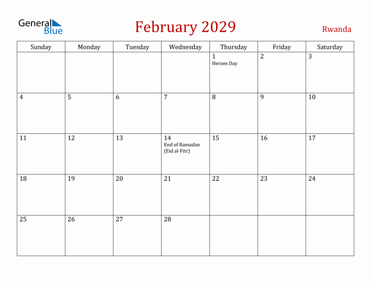 February 2029 Rwanda Monthly Calendar with Holidays