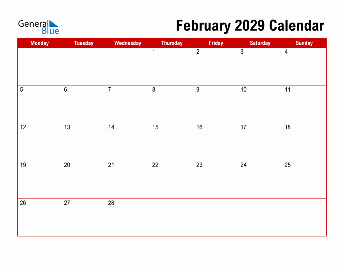 Basic Monthly Calendar - February 2029 - Monday Start