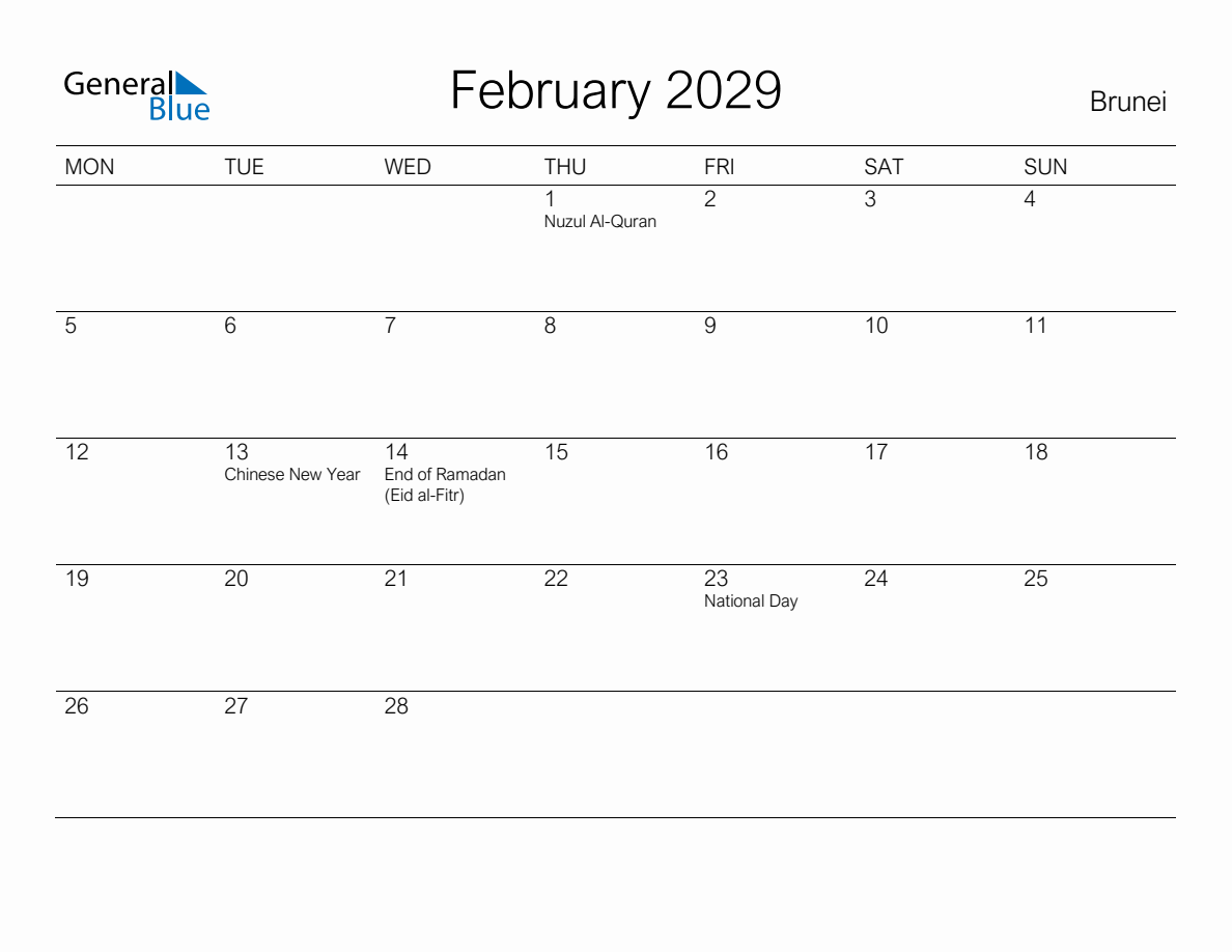 Printable February 2029 Monthly Calendar with Holidays for Brunei ...