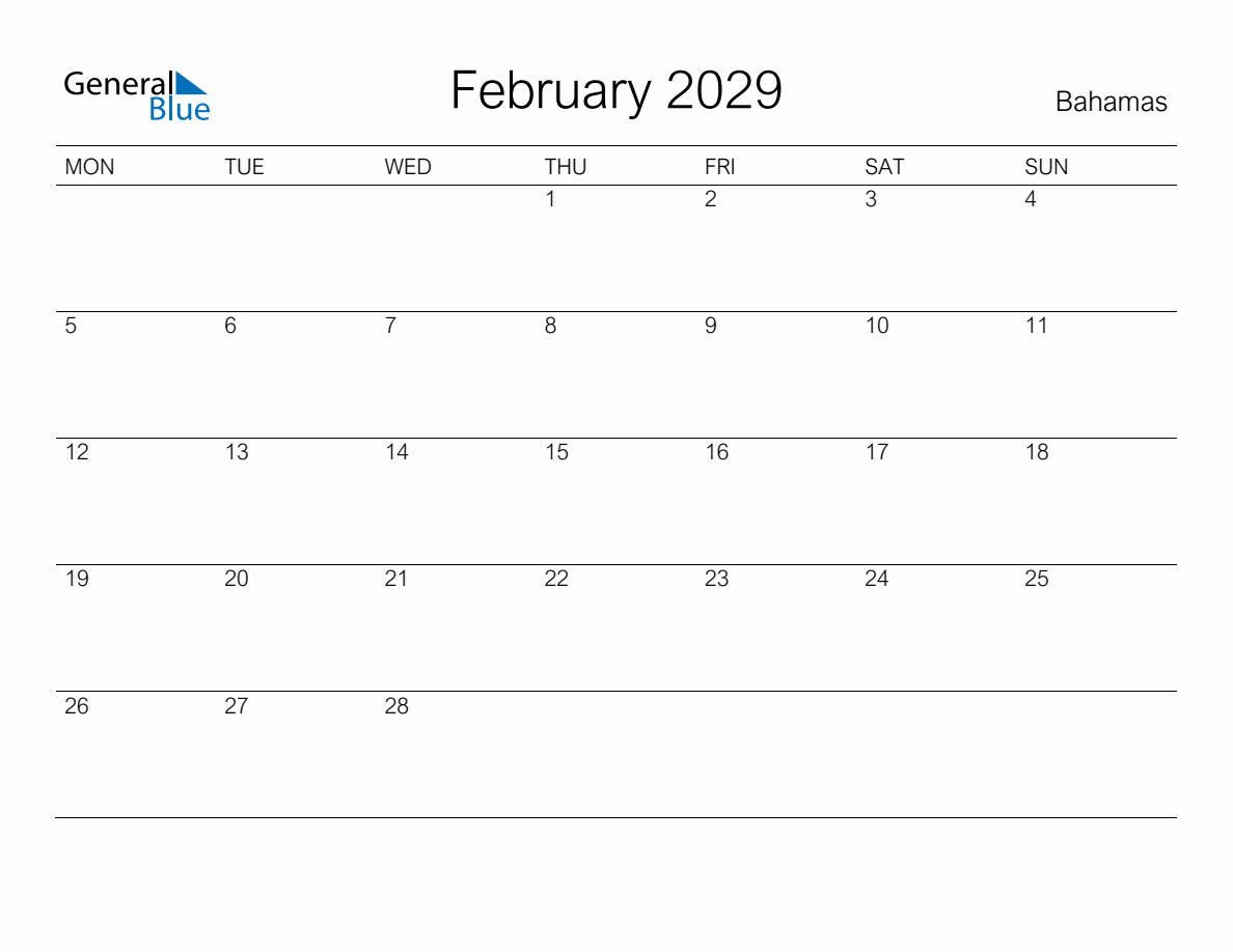 Printable February 2029 Monthly Calendar with Holidays for Bahamas