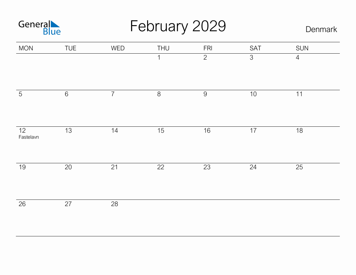 Printable February 2029 Monthly Calendar with Holidays for Denmark ...