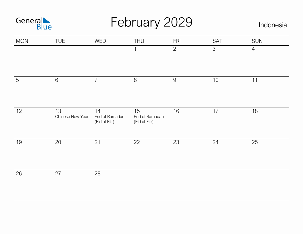 Printable February 2029 Monthly Calendar with Holidays for Indonesia ...