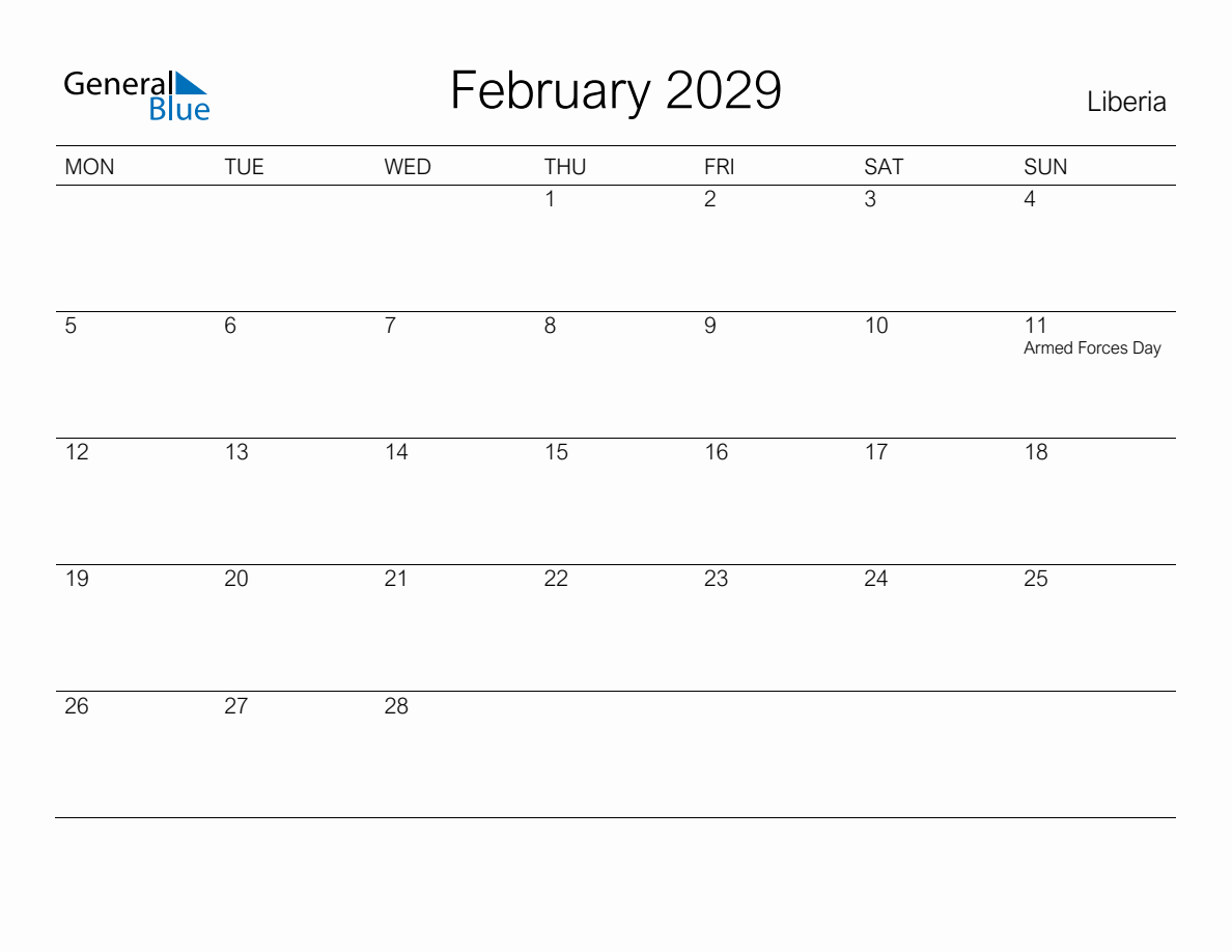 Printable February 2029 Monthly Calendar with Holidays for Liberia ...
