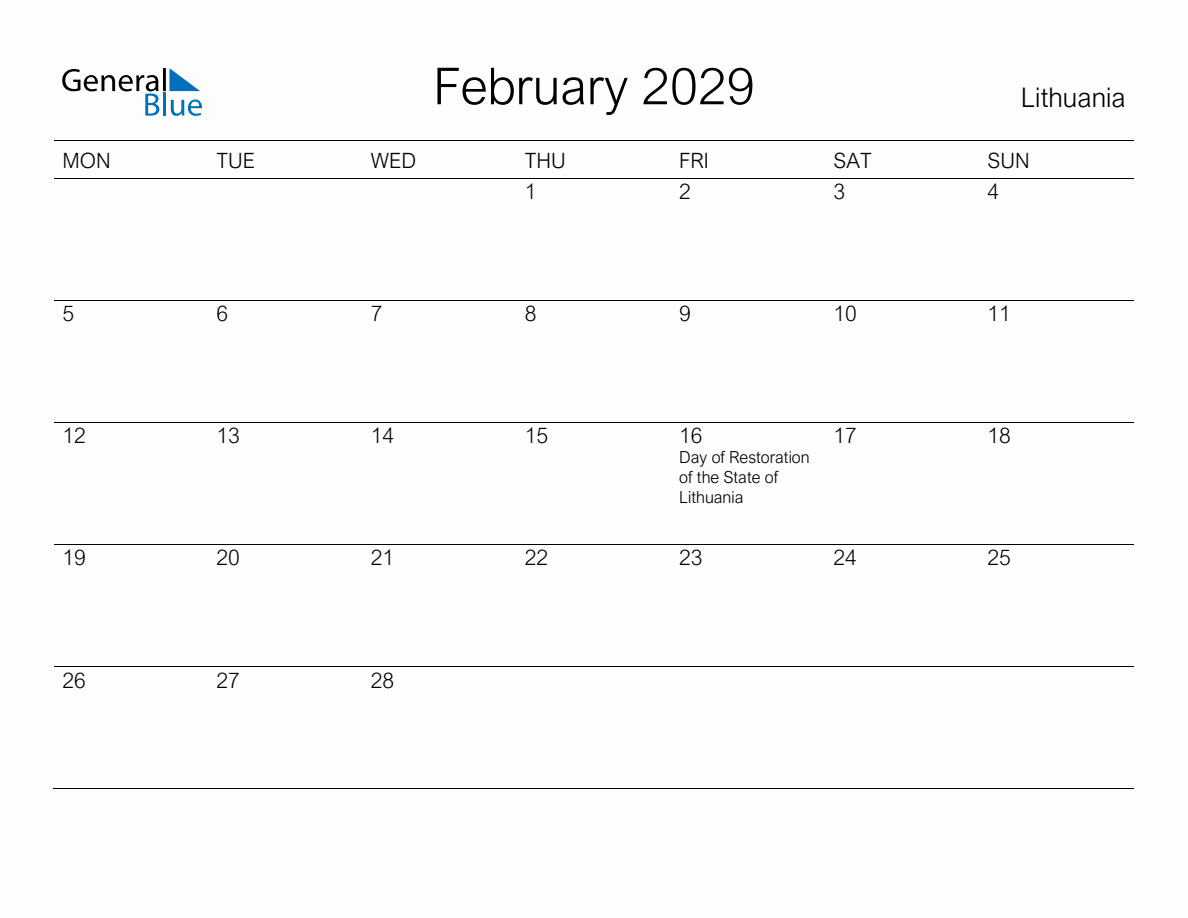 Printable February 2029 Monthly Calendar with Holidays for Lithuania ...