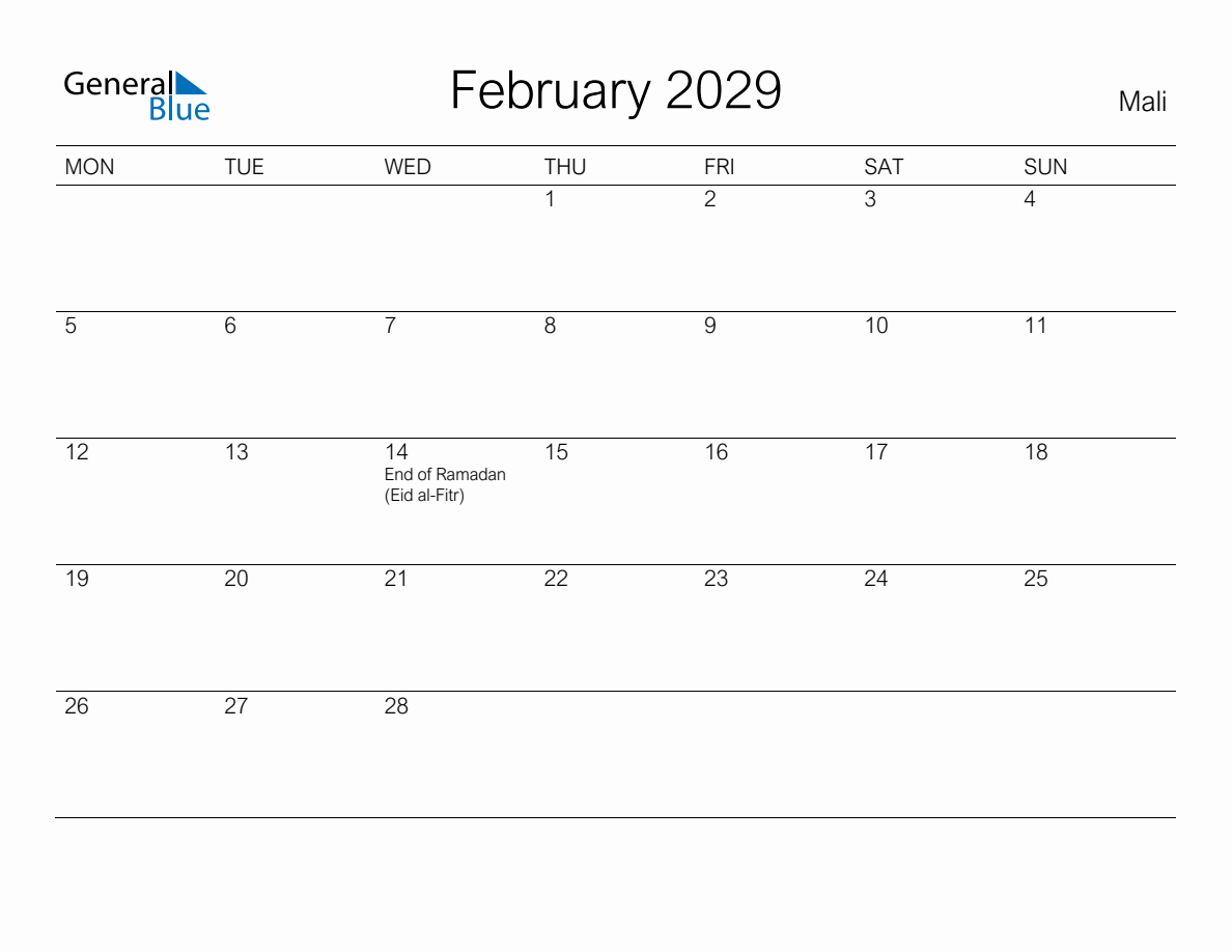 Printable February 2029 Monthly Calendar with Holidays for Mali (Monday ...