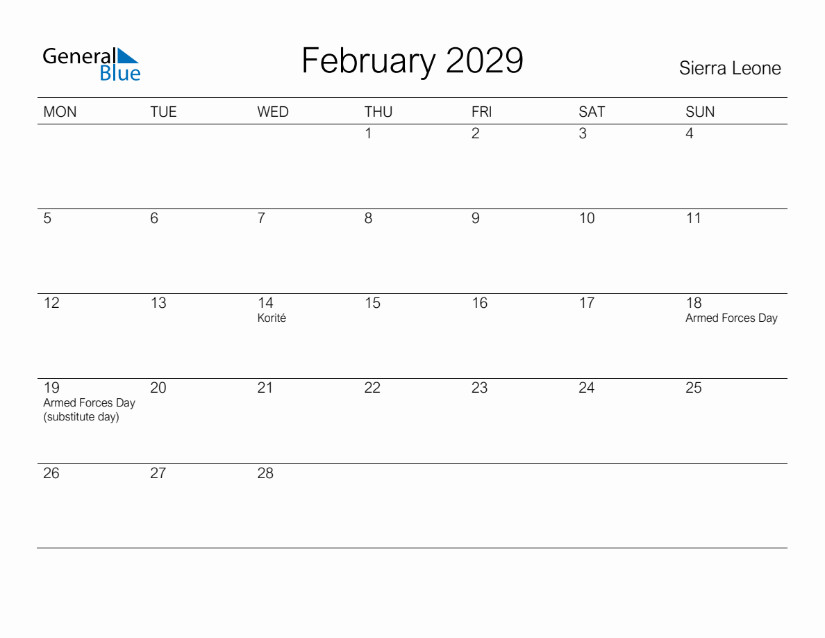 Printable February 2029 Monthly Calendar with Holidays for Sierra Leone ...