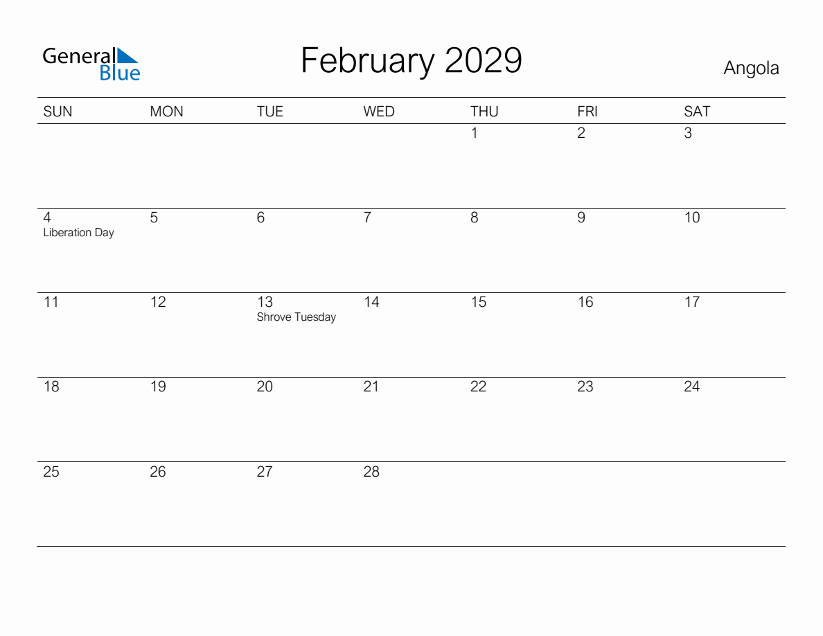 Printable February 2029 Monthly Calendar with Holidays for Angola