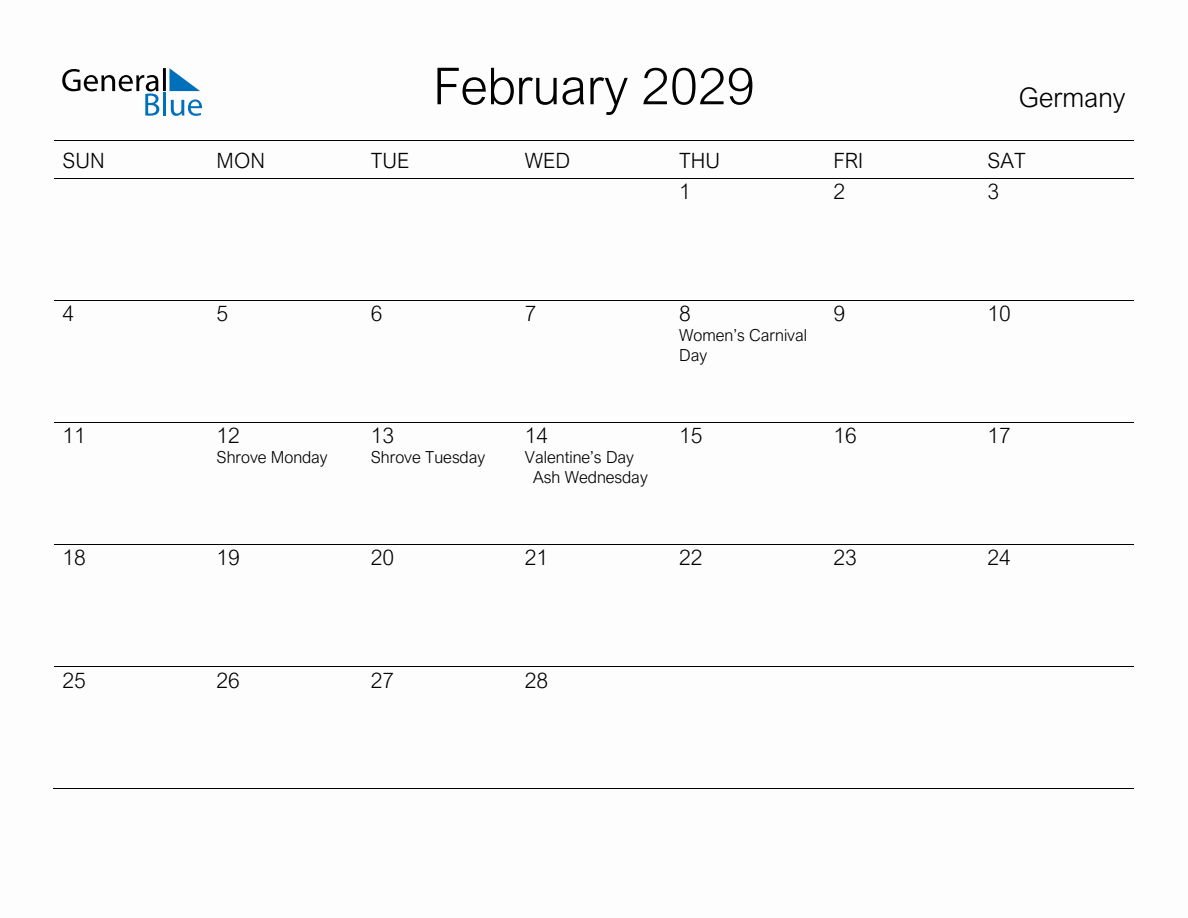 Printable February 2029 Monthly Calendar with Holidays for Germany