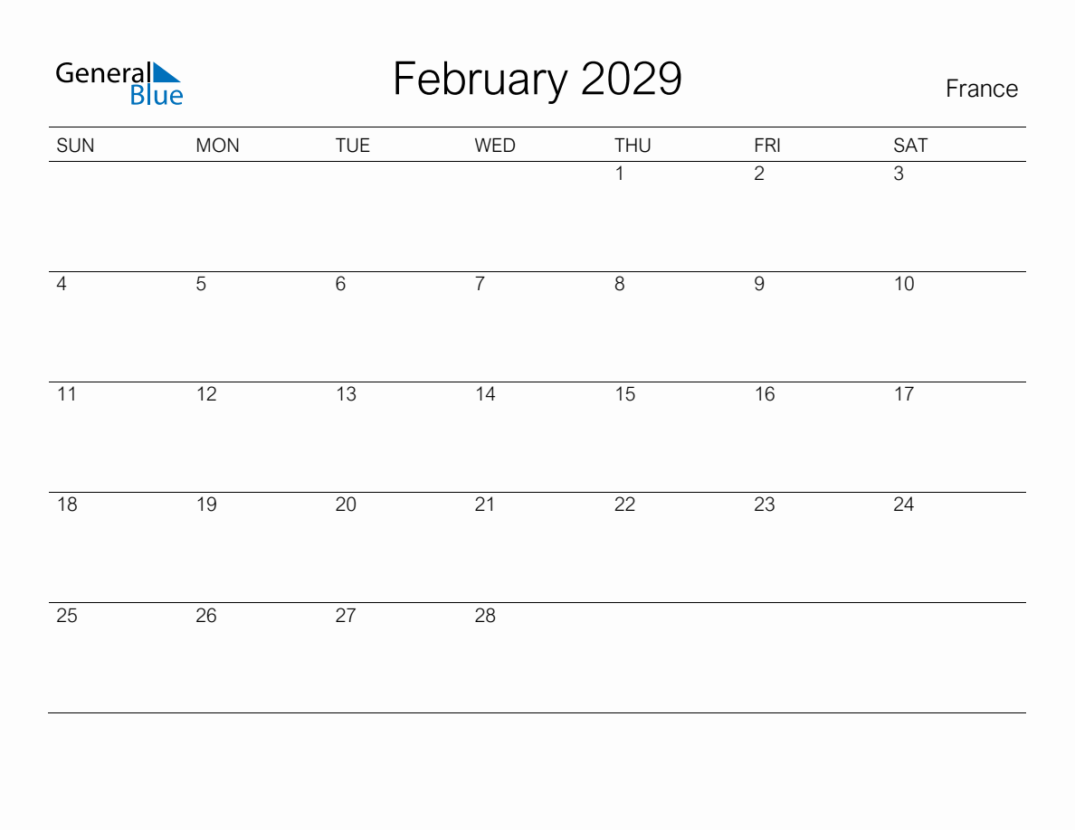 Printable February 2029 Monthly Calendar with Holidays for France