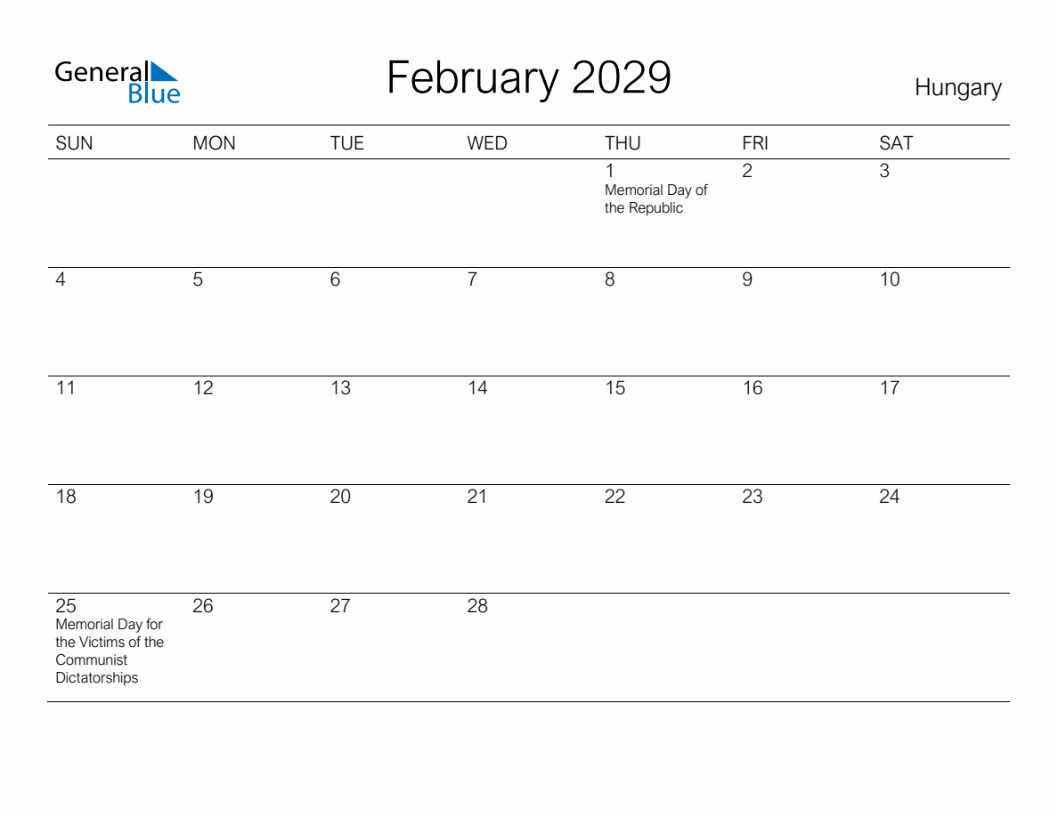 Printable February 2029 Monthly Calendar with Holidays for Hungary